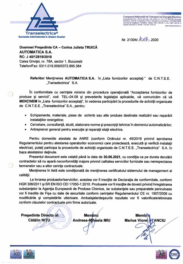 Certifications – Automatica SA